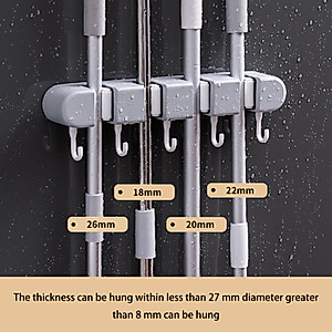 Broom and Mop Holder Wall Mount, 5 Hooks and 4 Slot, Adhesive Garden Tool Rack Organizer for Closet Garage Laundry Room, Anti-Slip Hanger for Brooms, Mops, Rakes, Dustpans, 13 x 2.2 x 1.8 inches