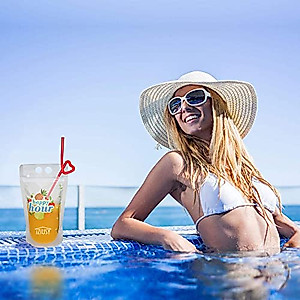 100 Pcs Zipper Plastic Pouches Drink Bags, Heavy Duty Hand-Held Translucent Frosted Reclosable Stand-up Bag 2.4" Bottom Gusset with 100 pcs Straws & Funnel Included