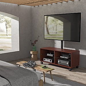 Rfiver Swivel Wood TV Stand on Wheels with Mount for 32-70 Inch Flat Screen TVs, Rolling Entertainment Center with 4-Shelf Storage for Media Console, Universal Floor TV Stand Cabinet for Home, Walnut