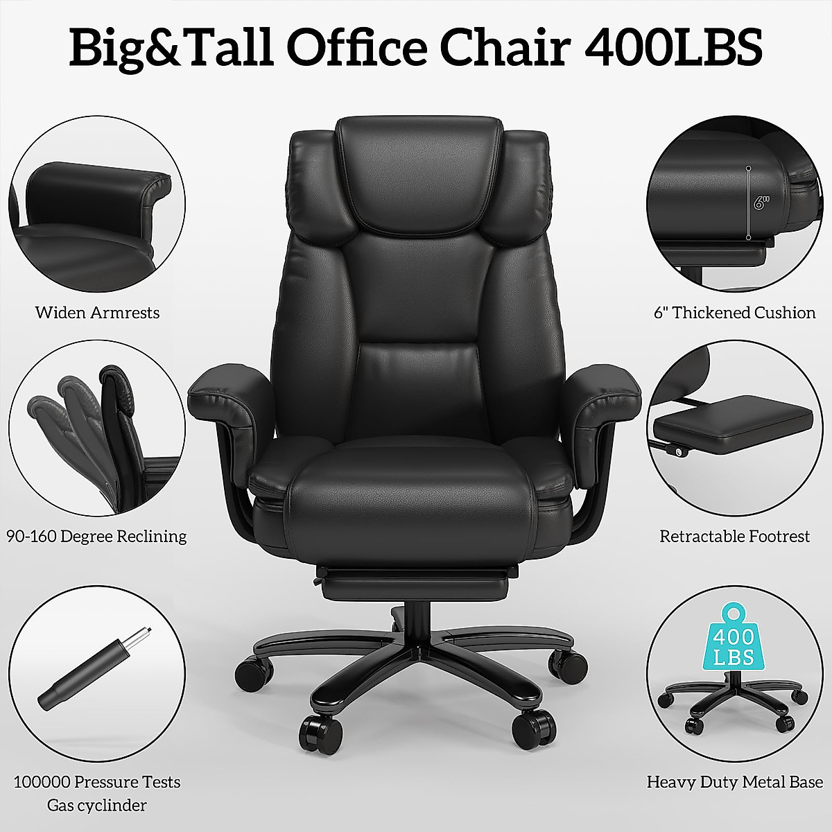 GYI Big and Tall Office Chair 400LBS with Wide Seat and Arms, 160° Reclining Office Chair with Footrest, Comfortable Executive Office Desk Chair High Back, Computer Chair Home Office
