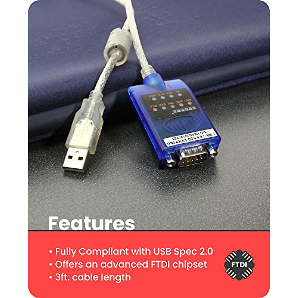Gearmo USB to Serial RS-232 Adapter with LED Indicators, FTDI Chipset, Supports Windows 11/10/8.1/8/7/, Mac OS X 10.6 and Above