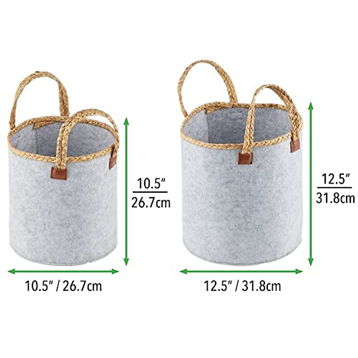 mDesign Round Felt Basket and Attached Braided Handles - Portable and Foldable for Compact Storage, Set of 2 - Gray