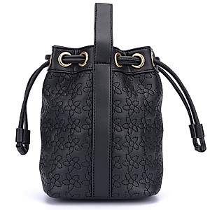 Olivia Miller Women's Fashion Jade Flower Embroidered Faux PU Leather Bucket Black Crossbody Bag w Adjustable Strap Everyday Small Evening Casual Work Purse Handbag