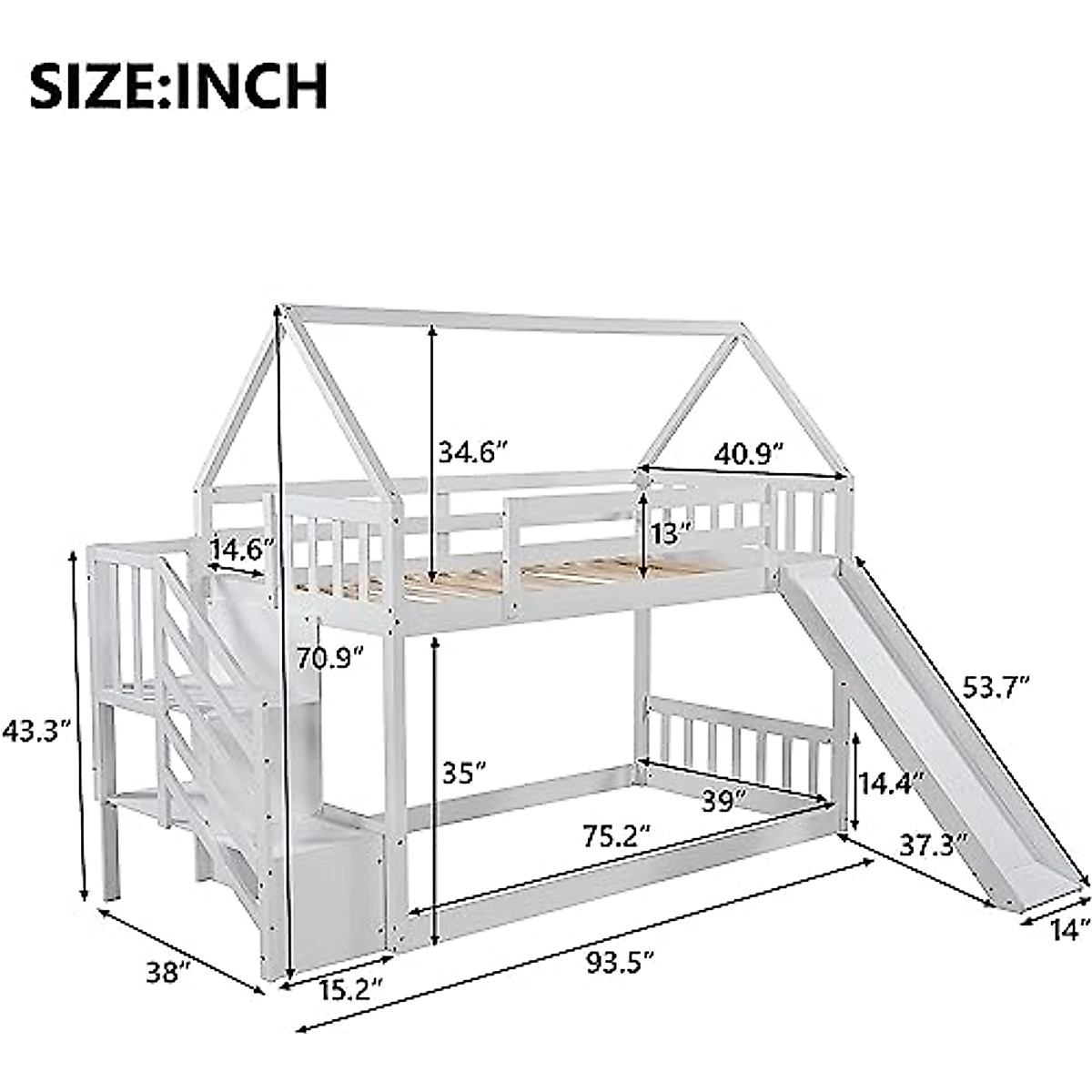 Harper & Bright Designs House Bunk Bed with Stairs,Wooden Kids Bunk Bed Twin Over Twin with Slide, Twin Size Floor Bunk Bed for Girls Boys, No Box Spring Needed, White