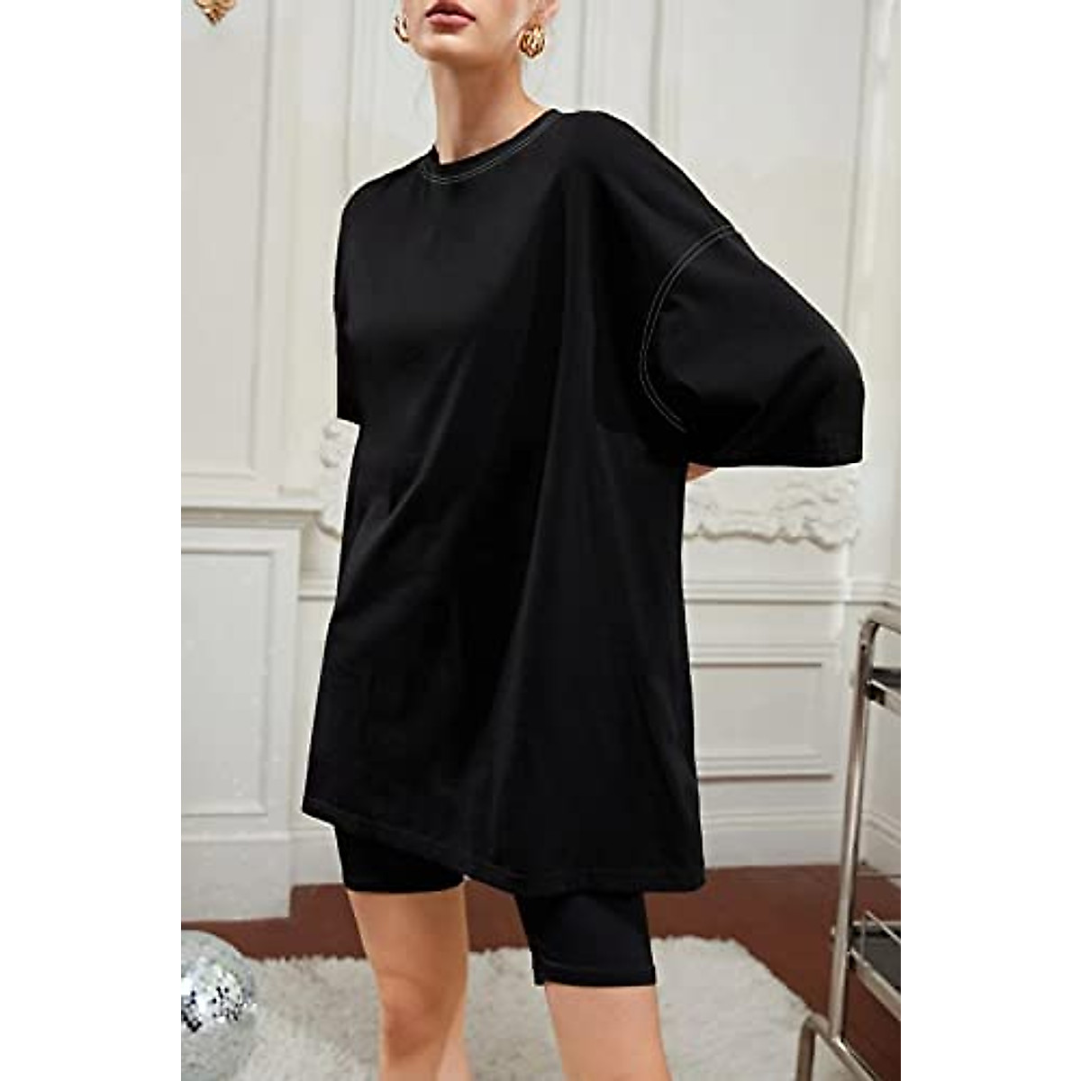 FSHAOES Women's Oversized T Shirts Casual Loose Half Sleeve Drop Shoulder Tees Summer Round Neck Cotton Tunic Tops Black