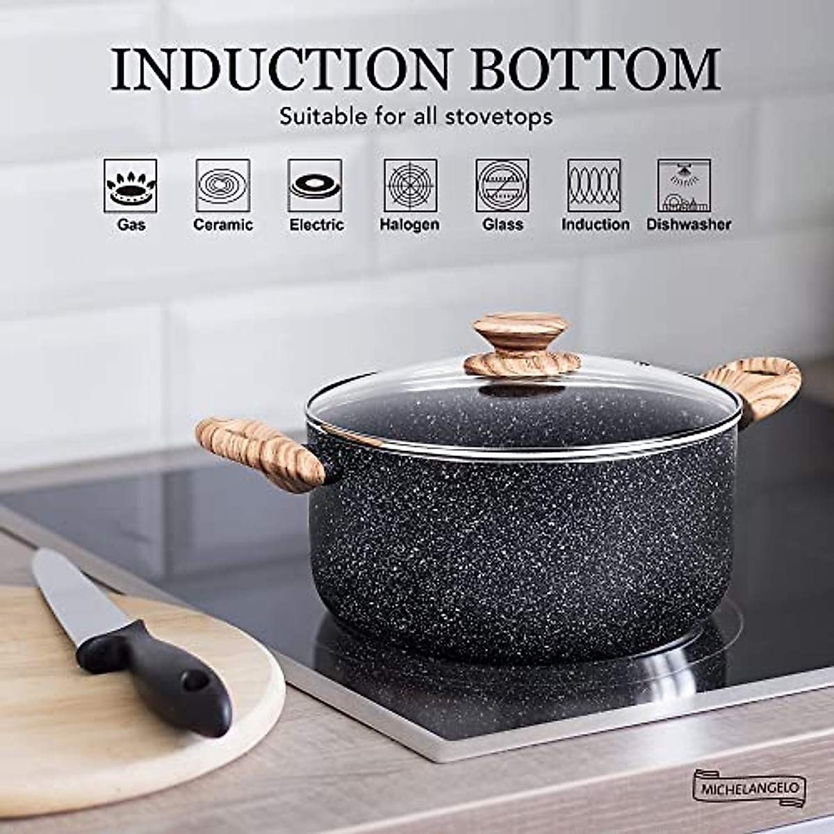 MICHELANGELO Stock Pot with Lid, 5 Quart Cooking Pot Nonstick, Granite Soup Pot with Lid, Induction Pot with Stay-cool Handle, 5 Qt Stockpot Non Stick Pot Black