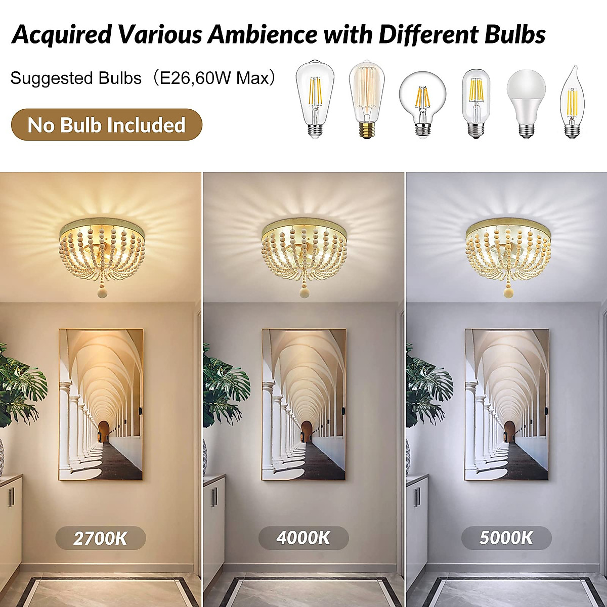 Farmhouse Wood Beaded Chandelier, Bohemia Ceiling Lamp, Rustic 2-Light Pendant Light Fixture, Semi-Flush Mount Ceiling Light for Living Room Entryway Hallway Kitchen Girl’s Room Baby’s Nursery, Oak