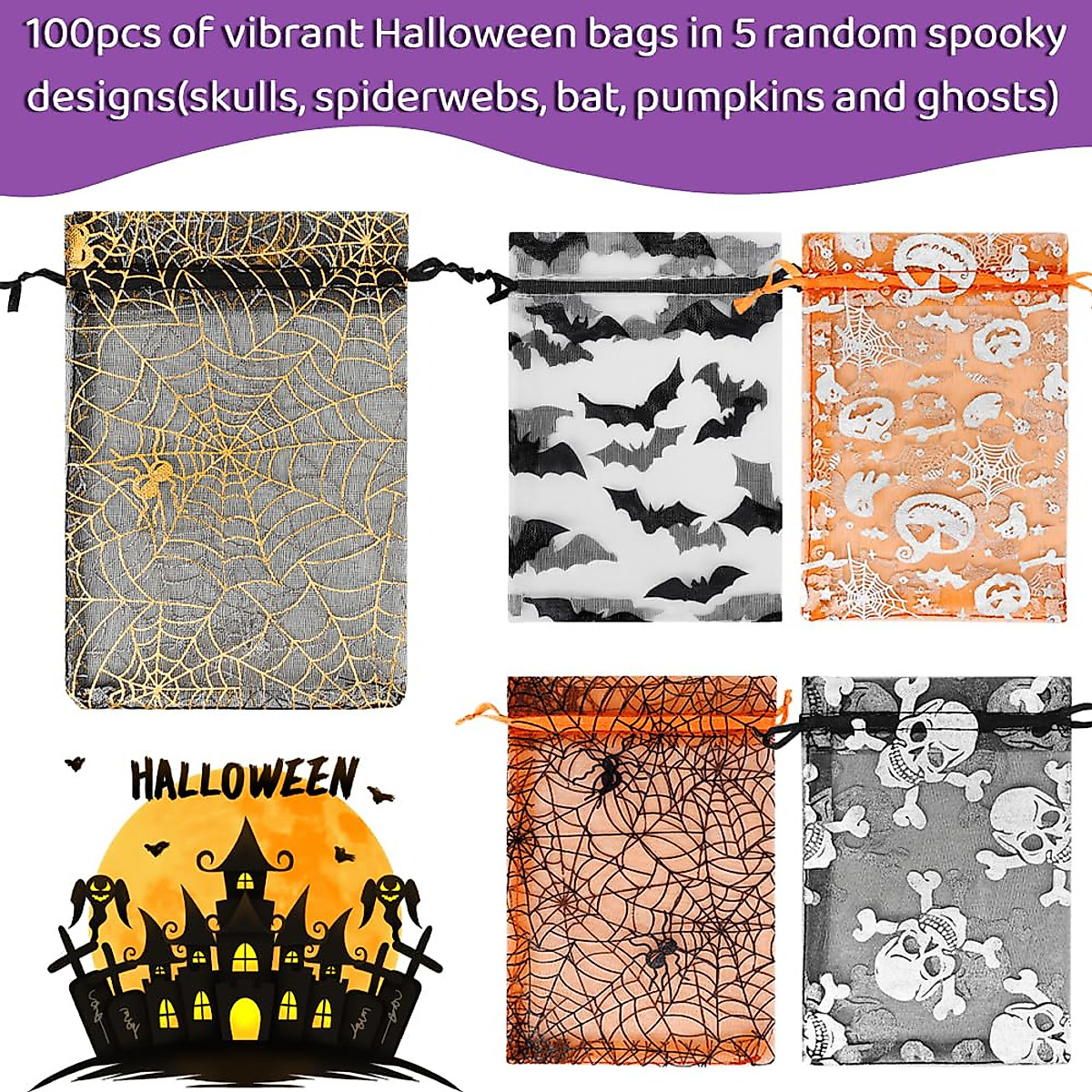 HRX Package 100pcs Halloween Organza Bags 4x6 inch, Mesh Candy Bags Drawstring, Small Goodie Bags for Treats, Jewelry, Party Favor