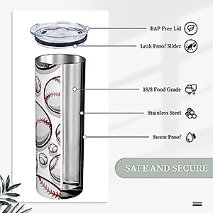 Stainless Steel Skinny Tumbler Baseball Pattern Travel Cup 20 Oz Double Wall Slim Insulated Coffee Mug With Splash Proof Lid & Straw & Cleaning Brush For Home Office