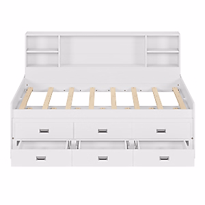 SOFTSEA Twin Size Daybed with Storage and Trundle, Twin Captain Bed with Bookcase Headboard and 3 Drawers, Wooden Daybed with Storage and Trundle Bed for Kids Teens Guests, White
