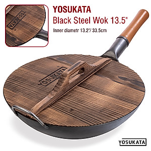 YOSUKATA Cast Iron Wok Cover - Premium Wok Cover 13.5 inch Pan Lid - Wooden Wok Lid 13.5 in with Ergonomic Handle - Condensate-free 13.5 inch Lid - Wok Accessories for Genuine Asian Cooking