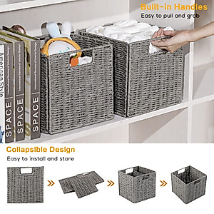 Vagusicc Wicker Baskets for Storage, Wicker Baskets for Shelves, Set of 4 Hand-Woven Round Paper Rope Storage Baskets Wicker Baskets for Organizing Storage Bins, Grey