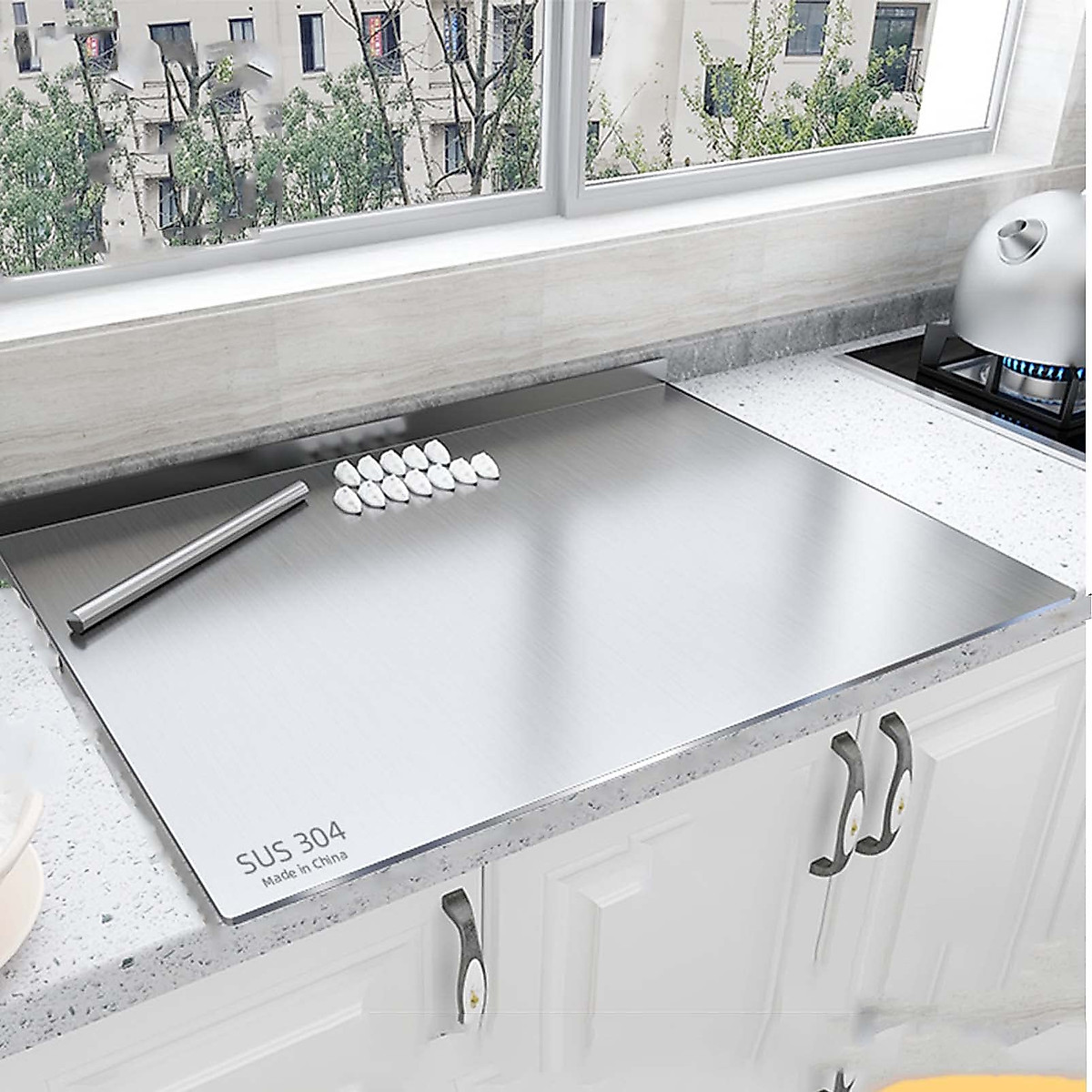 Kitchen Pastry Board Stainless Steel Chopping Board with Lip Double Sided Chopping Board Easy To Clean Non-Slip 'L' Shape for cutting cheese,slicing pizza (23.6 * 23.6in(60 * 60cm),Thick:2mm)