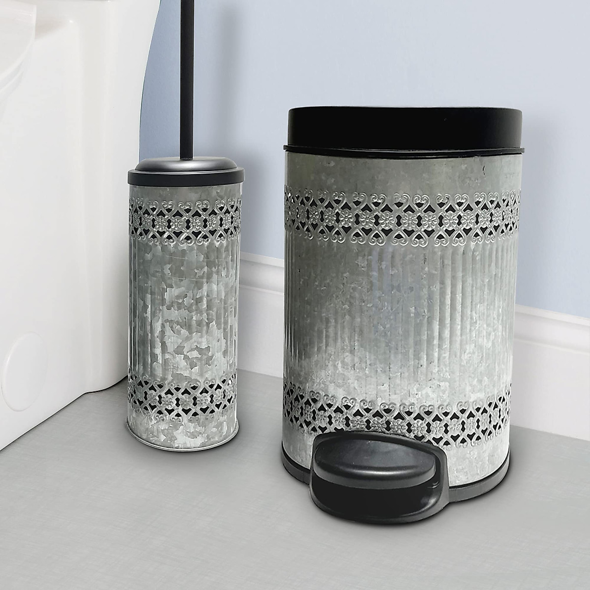 nu steel Laser Cut Galvanised Steel Step Garbage Trash Can & Toilet Brush Holder with Lid: 5 Liter/1.32 gal for The Kitchen, Bathroom, Bedroom, Patio, RV