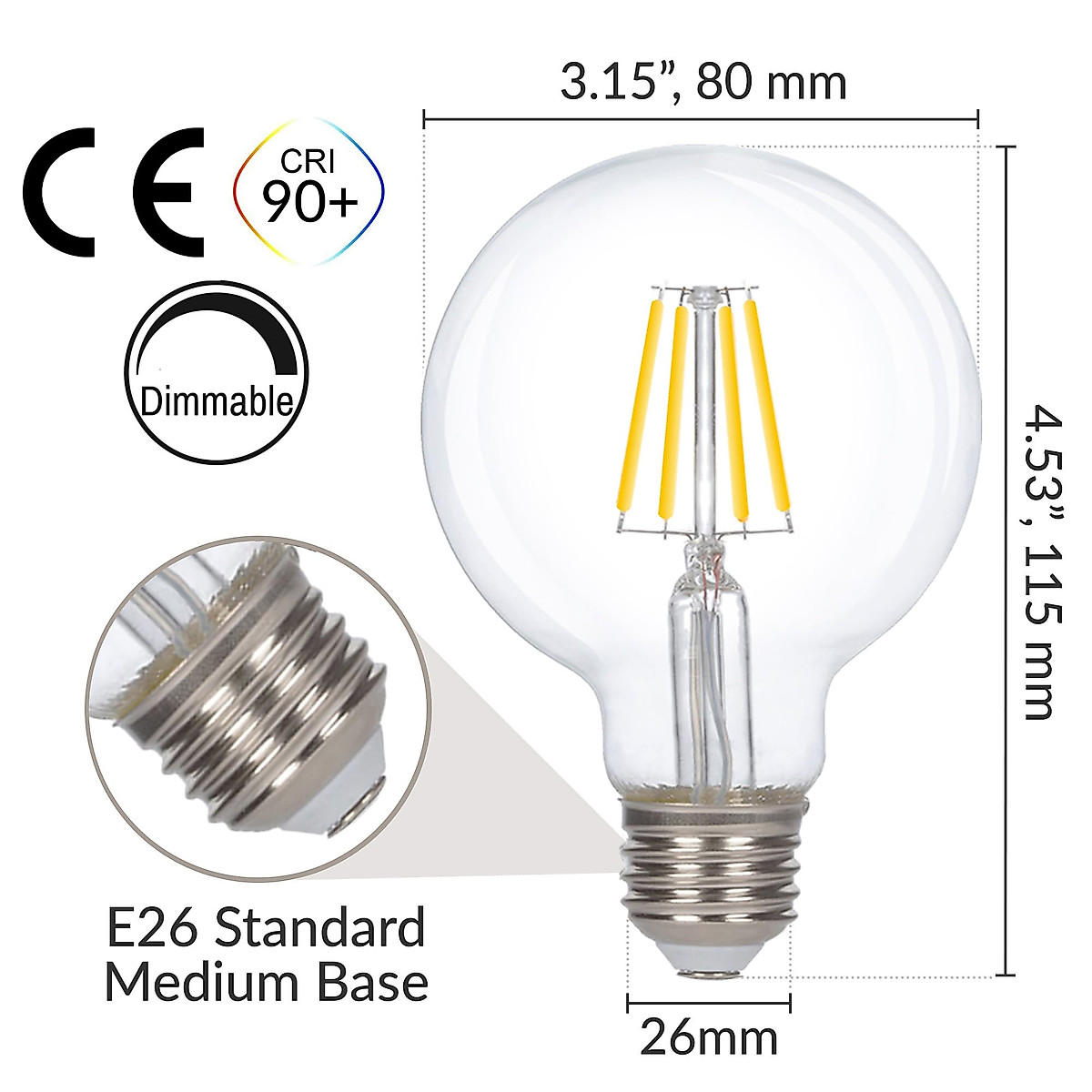 Simba Lighting LED Edison Vintage Vanity Globe Filament G25 (G80) 6W Dimmable 60W Equivalent (3 Pack) 120V Light Bulb for Bathroom Makeup Mirror, Medium E26 Base, CE and RoHS, Natural White 4000K