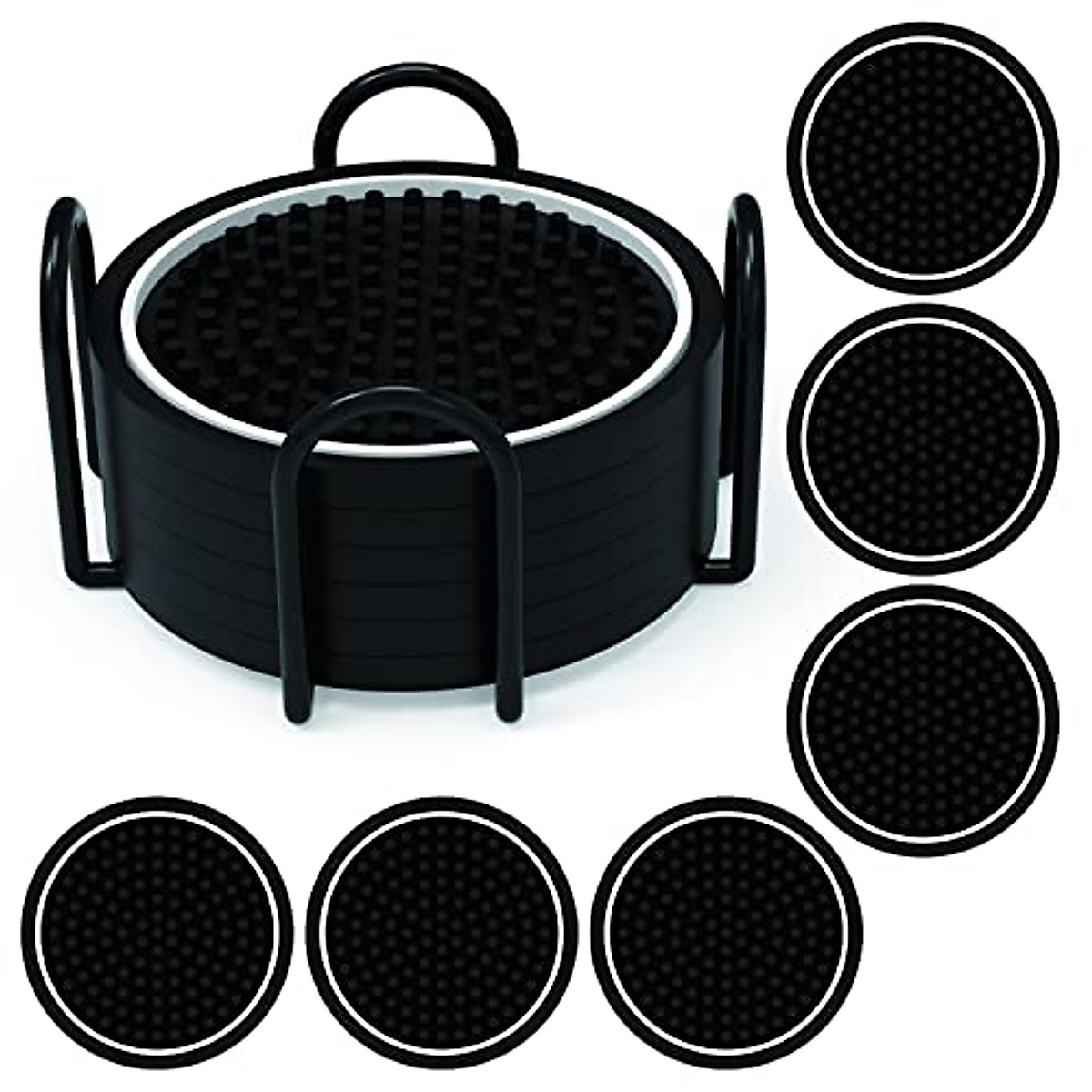 BARsics Drink Coasters Set, 3.75" Black Non-Slip PVC Coasters with Metal Wire Holder, Durable and Elegant Design for Kitchen, Home Bar, Restaurants Table (Pack of 6)