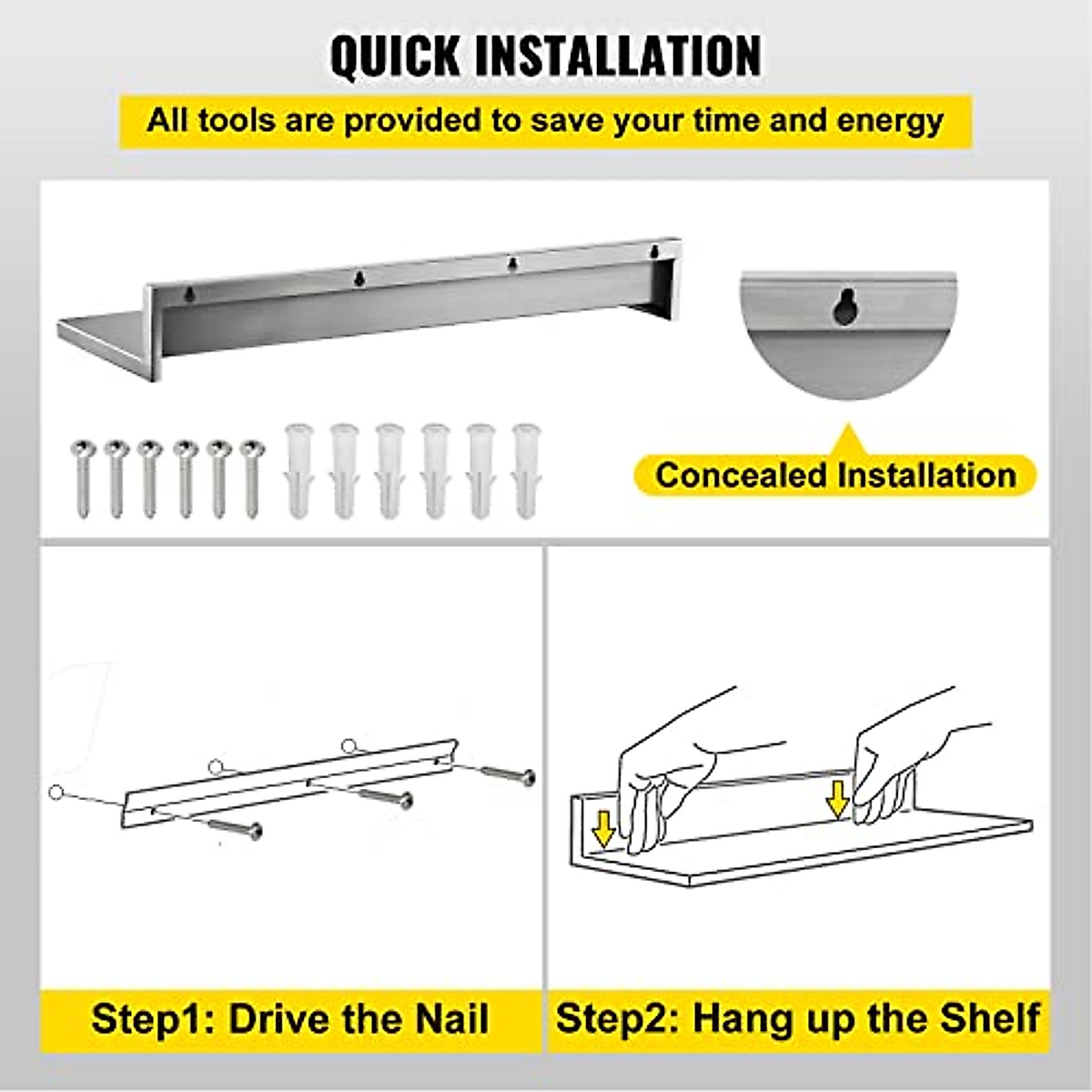 VEVOR Stainless Steel Wall Shelf, 8.6'' x 16'', Max. 44 lbs Load Capacity Heavy-Duty Commercial Wall-Mounted Shelving w/Backsplash for Restaurant, Home, Kitchen, Hotel, Bar, Laundry Room (2 Packs)