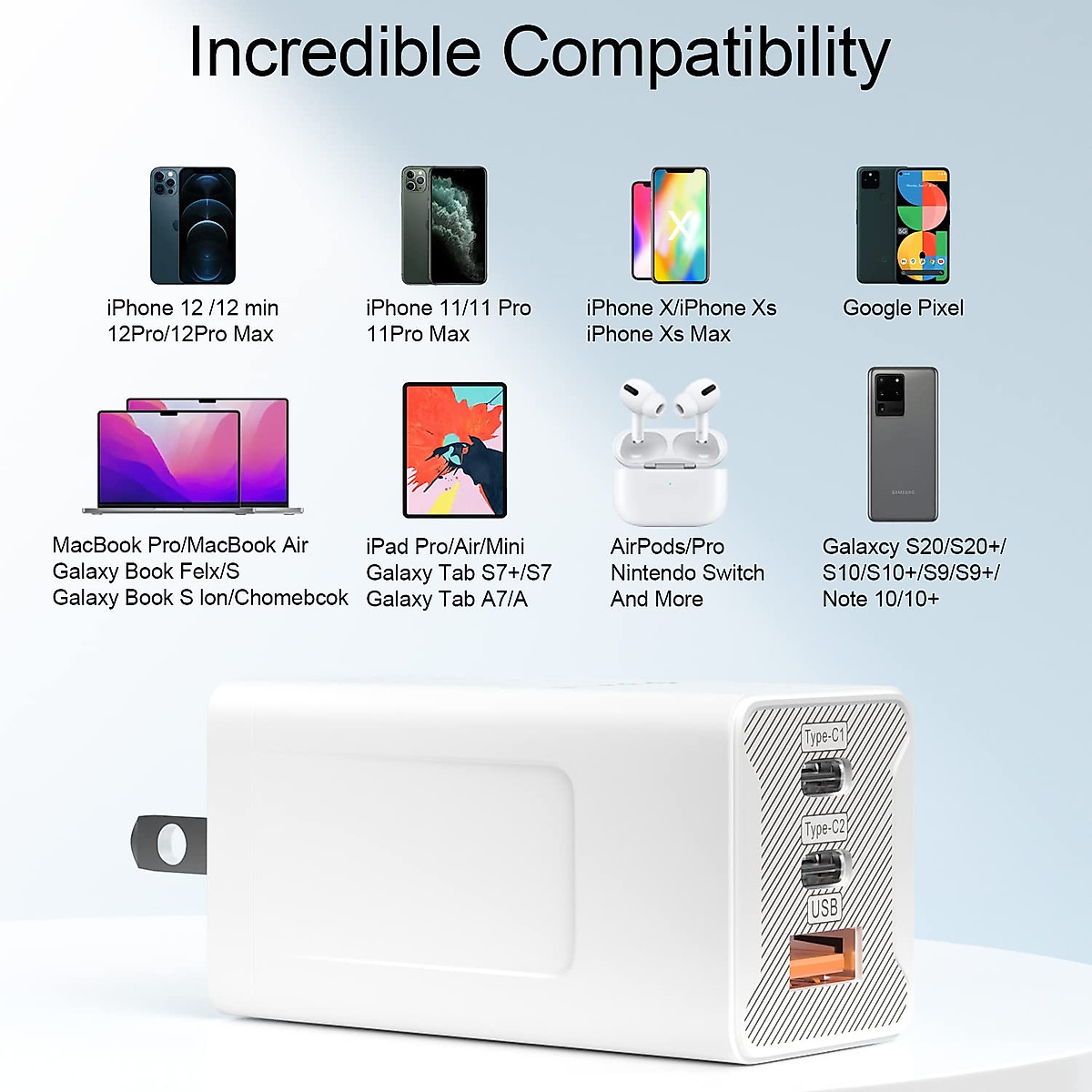 65W USB C Wall Charger Block Support Three Port Fast Charging with 5FT Type C Cable Compatible Samsung Galaxy S22/S22+/S22Ultra/S21/S21+/S20/S20+/S10/S10e/S9/S9 Plus/S8/S8 Plus/Note 20/Note 10