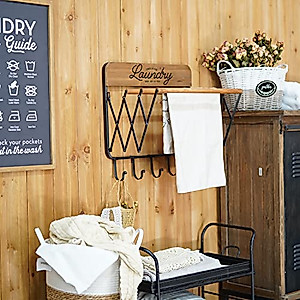 SOFFEE DESIGN Accordion Laundry Rack, Retractable Wall Mounted Racks, 3 Bars & 5 Hooks for Drying Rack Hanging Towels Clothes Save Space Perfect for Laundry Room, Bathroom, Mudroom, Wall Decor