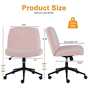 Criss Cross Legged Chair with Wheels, Home Office Desk Chair Wide Seat Fabric Armless Height Adjustable 360° Swivel Chair for Vanity/Work, Faux Fur Pink
