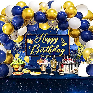 INPHER Happy Birthday Backdrop Navy Blue and Gold Birthday Decorations Backdrop 55 Pack Navy Blue Gold Balloon Arch Garland Kit Happy Birthday Banner Party Decorations for Kids Men Women