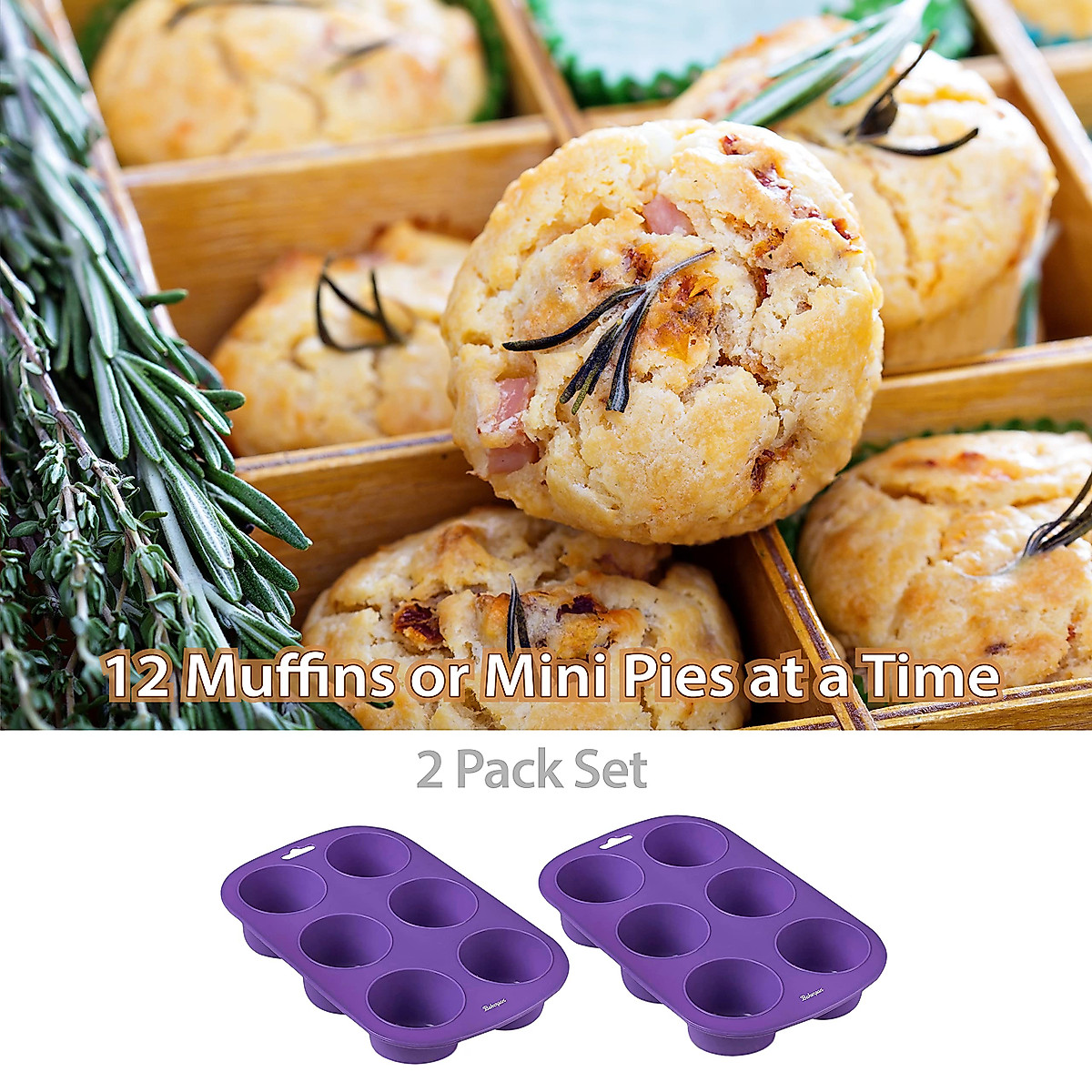 Bakerpan Silicone Muffin Pan, Non Stick Cupcake Tray, Muffin Baking Cups, Silicone Muffin Tray, 6 Cup Cupcake Pan, Purple - Set of 2