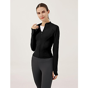 Locachy Women's Lightweight Stretchy Workout Full Zip Running Track Jacket with Thumb Holes Black S