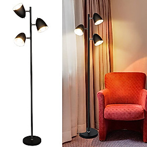 DLLT Tree Floor Lamp for Living Room, 3-Light Standing Lamp, Modern Reading Floor Lamp with Adjustable Metal Heads, Black Pole Tall Floor Light for Bedroom Office, E26 Base (LED Bulbs Included)