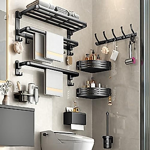 Noffeelink 24 Inch Towel Rack, Shower Towel Rack with Shelf, Towel Shelf for Bathroom, Bathroom Towel Rack with Hooks, Wall Mount Towel Rack No Drill and Screw Mounting (Black)