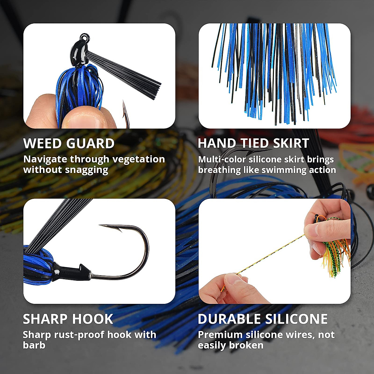 Jigreat Fishing Jig with Weed Guard 3/8 oz Silicone Skirt Fishing Lures for Bass Perch Multi-Color Pack of 6