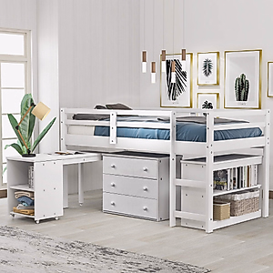 Harper & Bright Designs Low Study Twin Loft Bed with Cabinet and Rolling Portable Desk, White