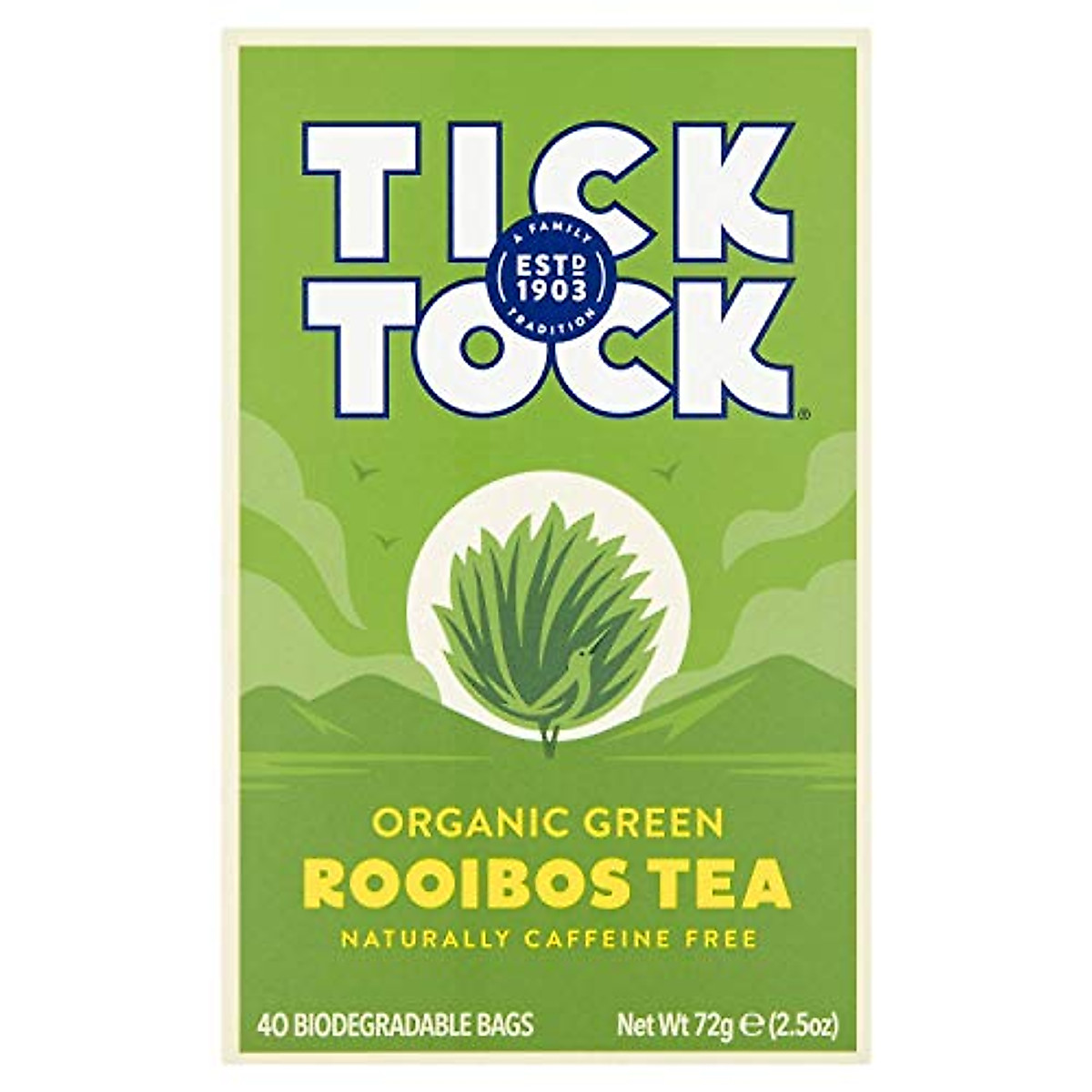 TICK TOCK TEAS Naturally Caffeine Free Red Bush Herbal Green Tea, 40 Count, Organic Rooibos Green Tea, 2.5 Oz