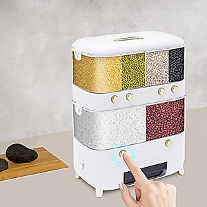 Eapmic Rice Dispenser with Cup,Wall-Mounted 6 Grid Dry Food Dispenser Rice Bucket Grains Storage Container Cereal Dispenser for Home and Kitchen (6Grid,2 Layers,White)