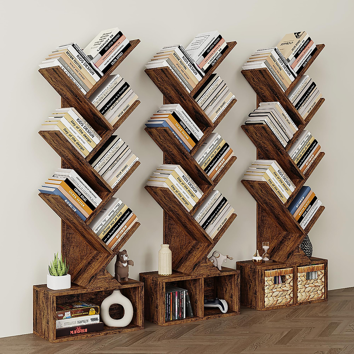 Vagusicc Tree Bookshelf, 6 Tier Bookshelf with Storage, Tall Narrow Bookcase, Rustic Wood Book Storage Rack for CDs/Books, Small Book Organizer Shelves for Bedroom, Living Room, Home Office, Brown