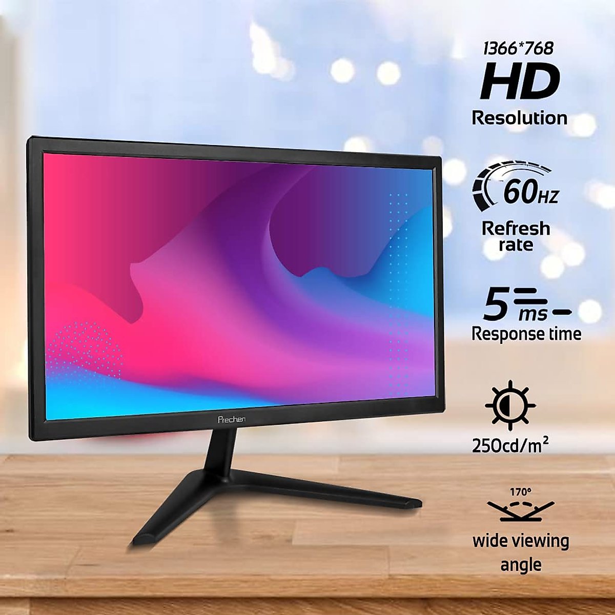 Prechen 18.5 Inch Monitor, TN Panel 1366 x 768 PC Monitor with HDMI and VGA Interface, 5ms, Brightness 250 cd/m², 60Hz Monitor with Dual Built-in Speakers, PC Screen Display for Office Work.