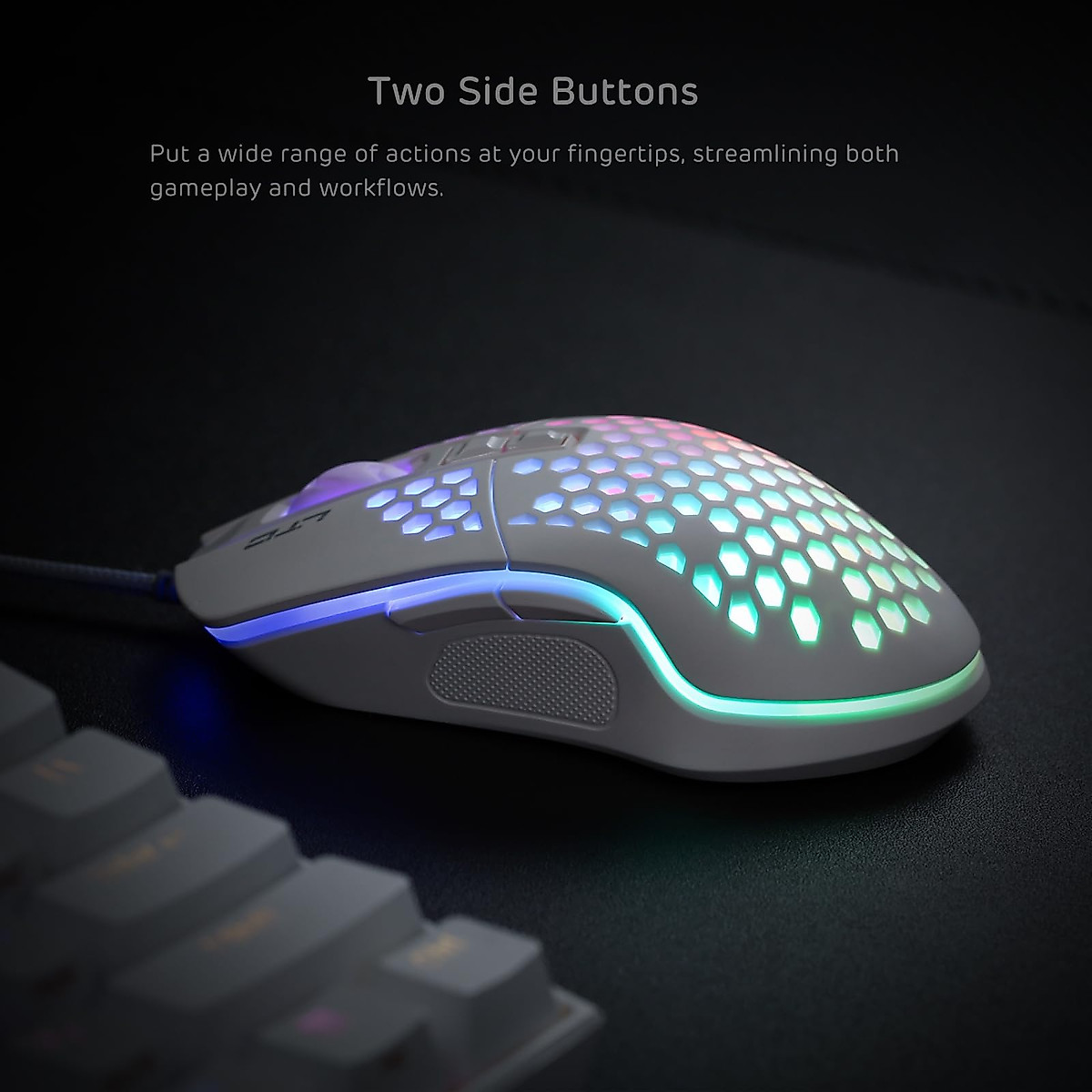 LTC Circle Pit HM-001 RGB Gaming Mouse with 2 Side Buttons, Lightweight Honeycomb Shell, Adjusted 12800DPI, 7 Programmable Buttons, Software Support, White