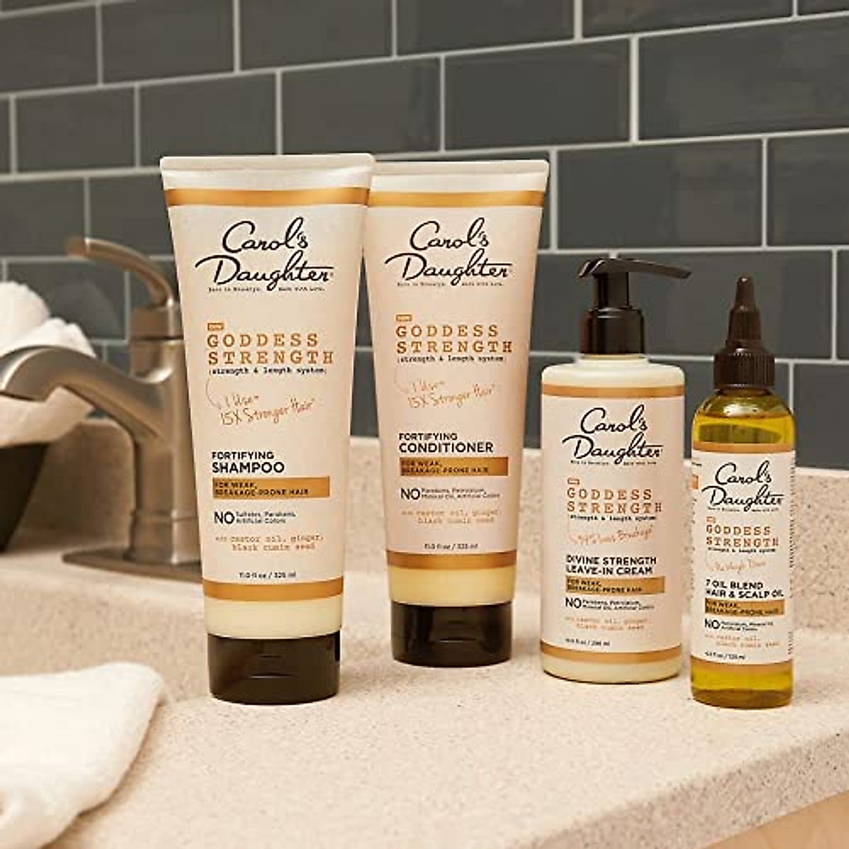 Carol's Daughter Goddess Strength Hair Care Gift Set - Sulfate Free Shampoo and Conditioner, Leave In Cream, Scalp & Hair Treatment Oil to Prevent Breakage for Curly, Natural Hair – with Castor Oil