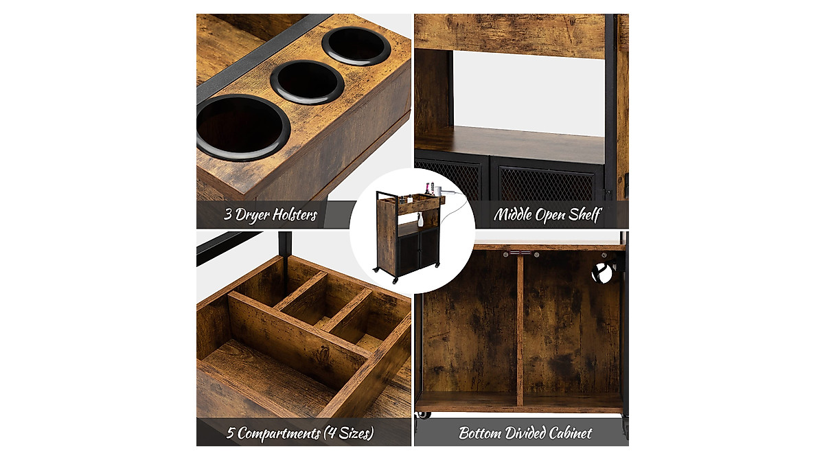 Reshable Rolling Salon Station with Storage & Charging - Rustic Brown
