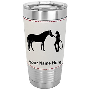 LaserGram 20oz Vacuum Insulated Tumbler Mug, Horse and Cowgirl, Personalized Engraving Included (Faux Leather, Baseball Style)