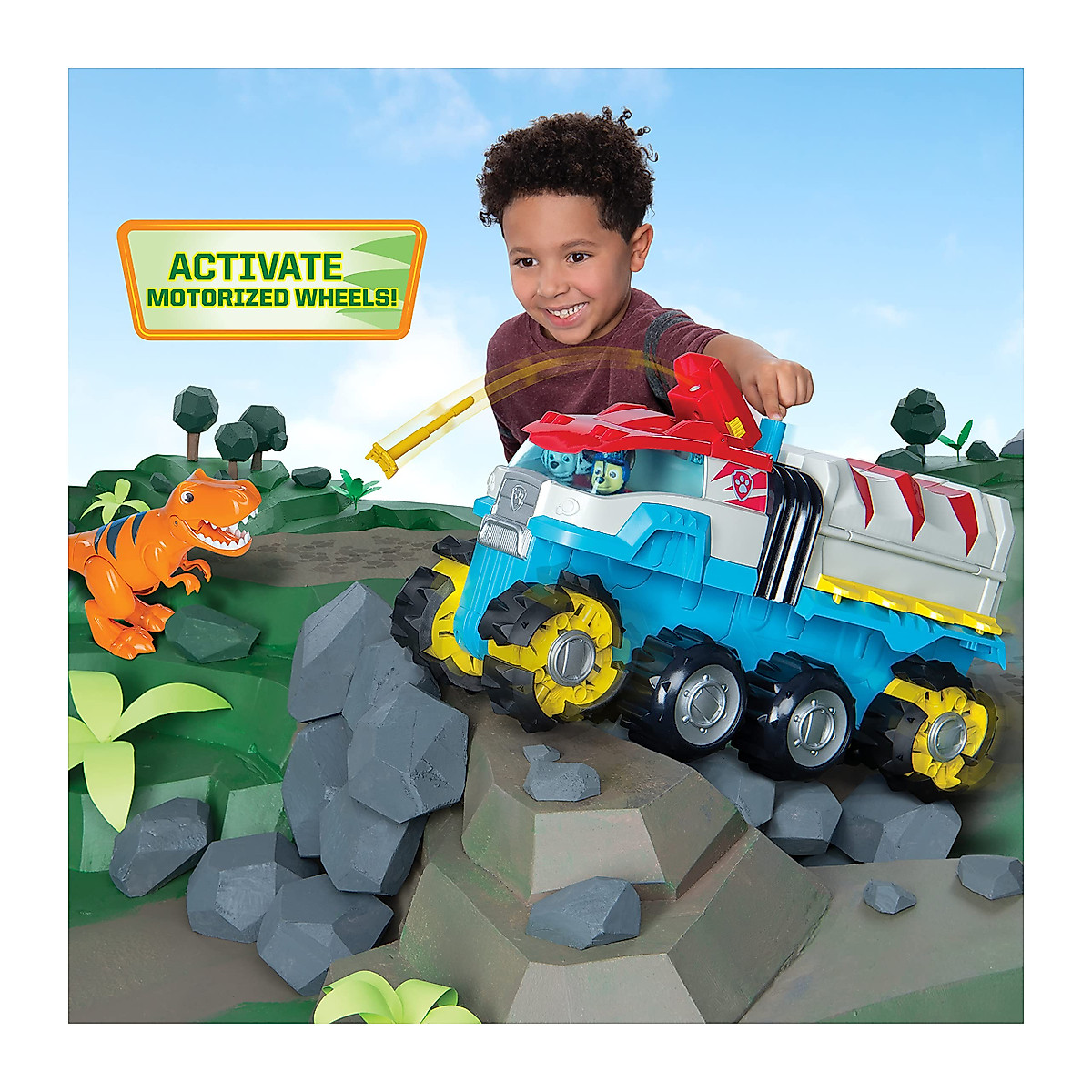 Paw Patrol, Dino Rescue Dino Patroller Motorized Team Vehicle with Exclusive Chase and T. Rex Toy Figures