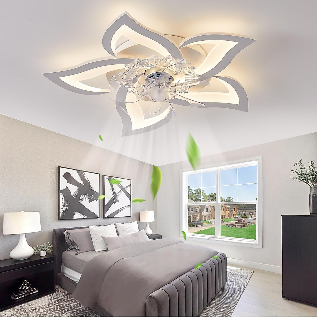 REYDELUZ Low Profile Ceiling Fan with Lights,Modern Dimmable Flower Shape Ceiling Light Fan with Remote Control/App Control,for Bedroom/Children’s Room - White