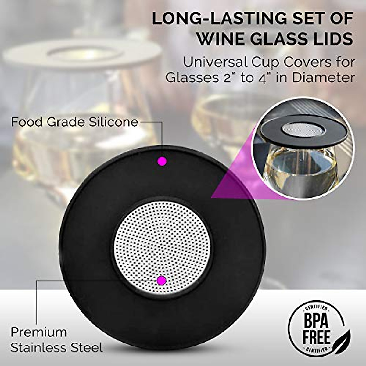 Premium Wine Glass Covers Set of 5 with 2 Bottle Stoppers-Outdoor Ventilated Wine Glass Covers for Bugs-Silicone & Stainless Steel Mug Cover Lid Set for Tumbler-Bug Fly Lids for Glasses-Amethyst Moon