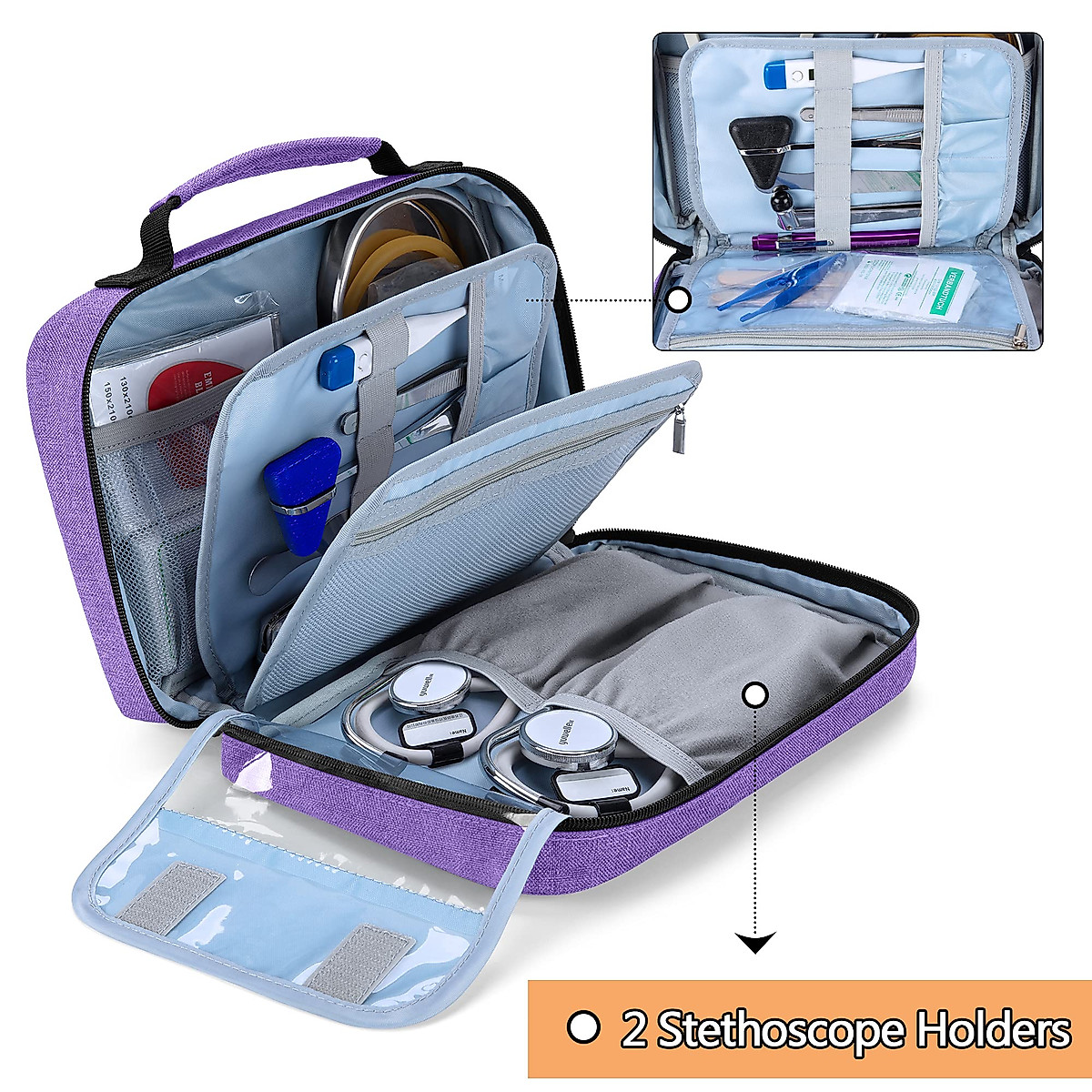 Damero Carrying Case for 2 Stethoscopes, Portable Stethoscope Case Compatible with 3M Littmann/ADC/Omron Stethoscope, BP Cuffs and Other Accessories, Purple