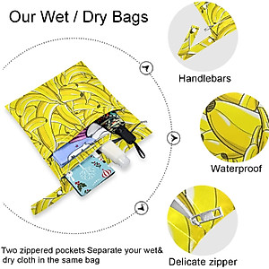 visesunny Yellow Banana 2Pcs Wet Bag with Zippered Pockets Washable Reusable Roomy for Travel,Beach,Pool,Daycare,Stroller,Diapers,Dirty Gym Clothes, Wet Swimsuits, Toiletries