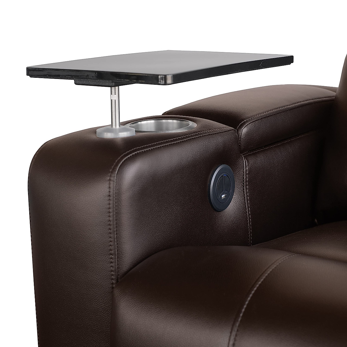 Abbyson Living Rider Powered Reclining Theater Chair - Built in USB/Power Outlet, Cup Holders, Tray/Side Table, Faux Leather Home Theater Chair, Brown