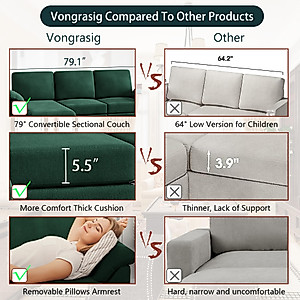 Vongrasig 79" Convertible Sectional Sofa Couch, 3 Seat L Shaped Sofa with Removable Pillows Linen Fabric Small Couch Mid Century for Living Room, Apartment and Office, Green