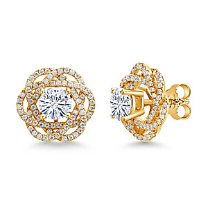 Gem Stone King 18K Yellow Gold Plated Silver Round 6MM Gemstone Birthstone Stud Earrings with White Moissanite Removable Earrings Jackets For Women