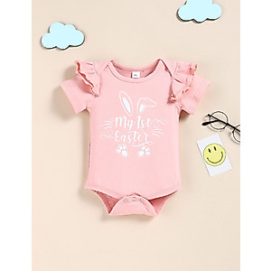 My 1st Easter Outfit Newborn Baby Girl Bunny Letters Romper Ruffle Floral Shorts set (Pink, 0-3 Months)