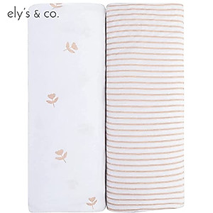 Pack and Play Sheet 2 Pack - Pack and Play Sheets Fitted with 100% Jersey Cotton - Pack N Play Mattress Sheets for Boys and Girls, Newborn Essentials (Pink Tulips & Stripes)