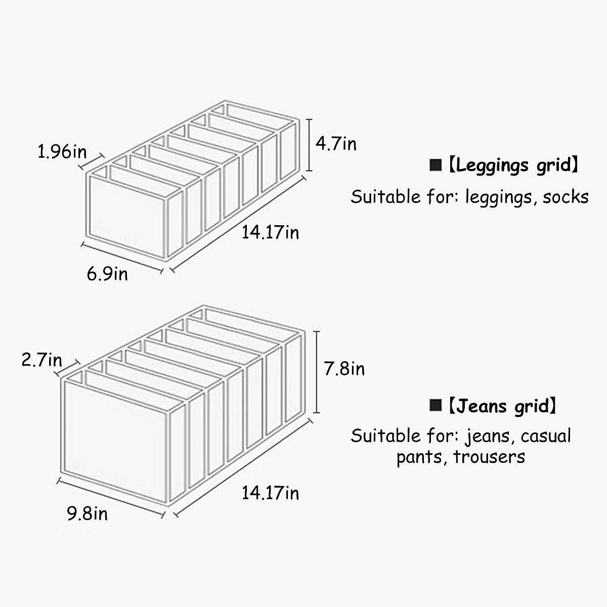 DOUBLE 2 C 3 Pcs Washable Wardrobe Clothes Organizers, 7 Grids Foldable Visible Closet Organizer, Mesh Drawer Separation Storage Box for Jeans, Legging, T-shirt, Baby Kids Clothes